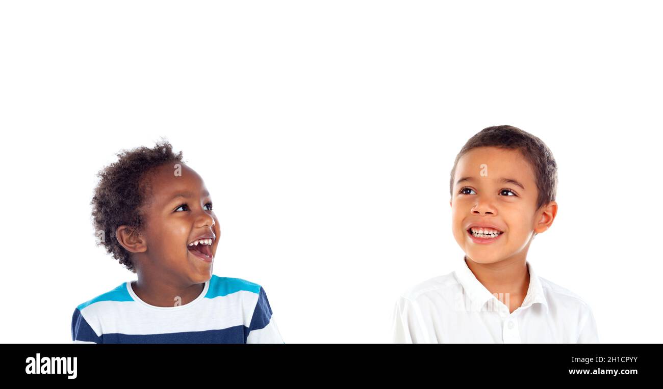 Two children looking up isolated on a white background Stock Photo - Alamy