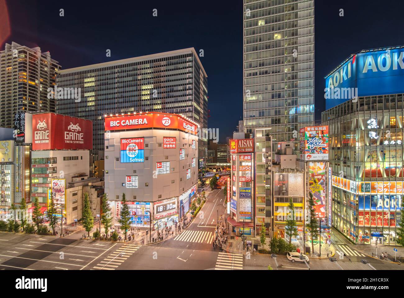 Aerial night view of the Akihabara Crossing Intersection in the ...
