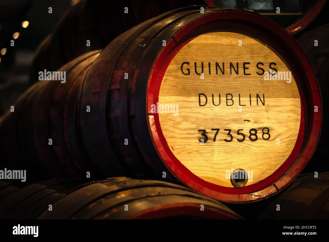 Dublin, Ireland, December 2017 Old grungy wooden Guinness barrels ...