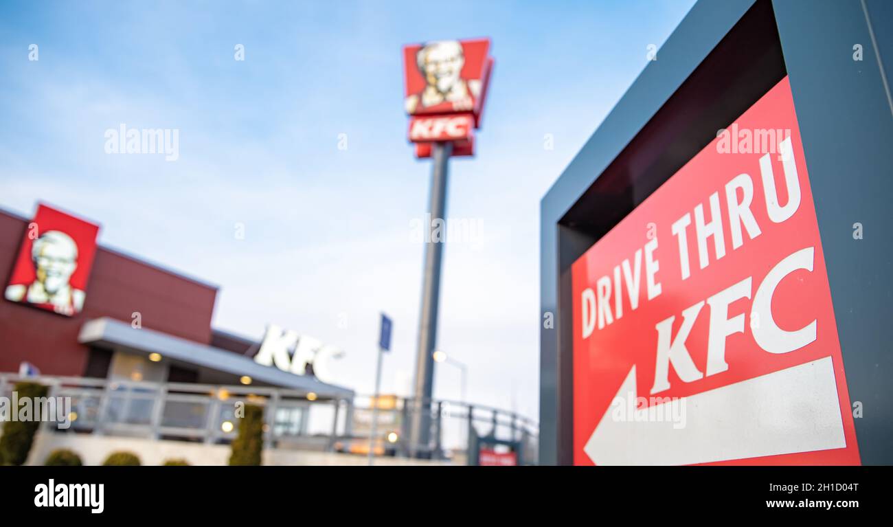Olomouc - February 13, 2020: directional signs for KFC store. Drive ...