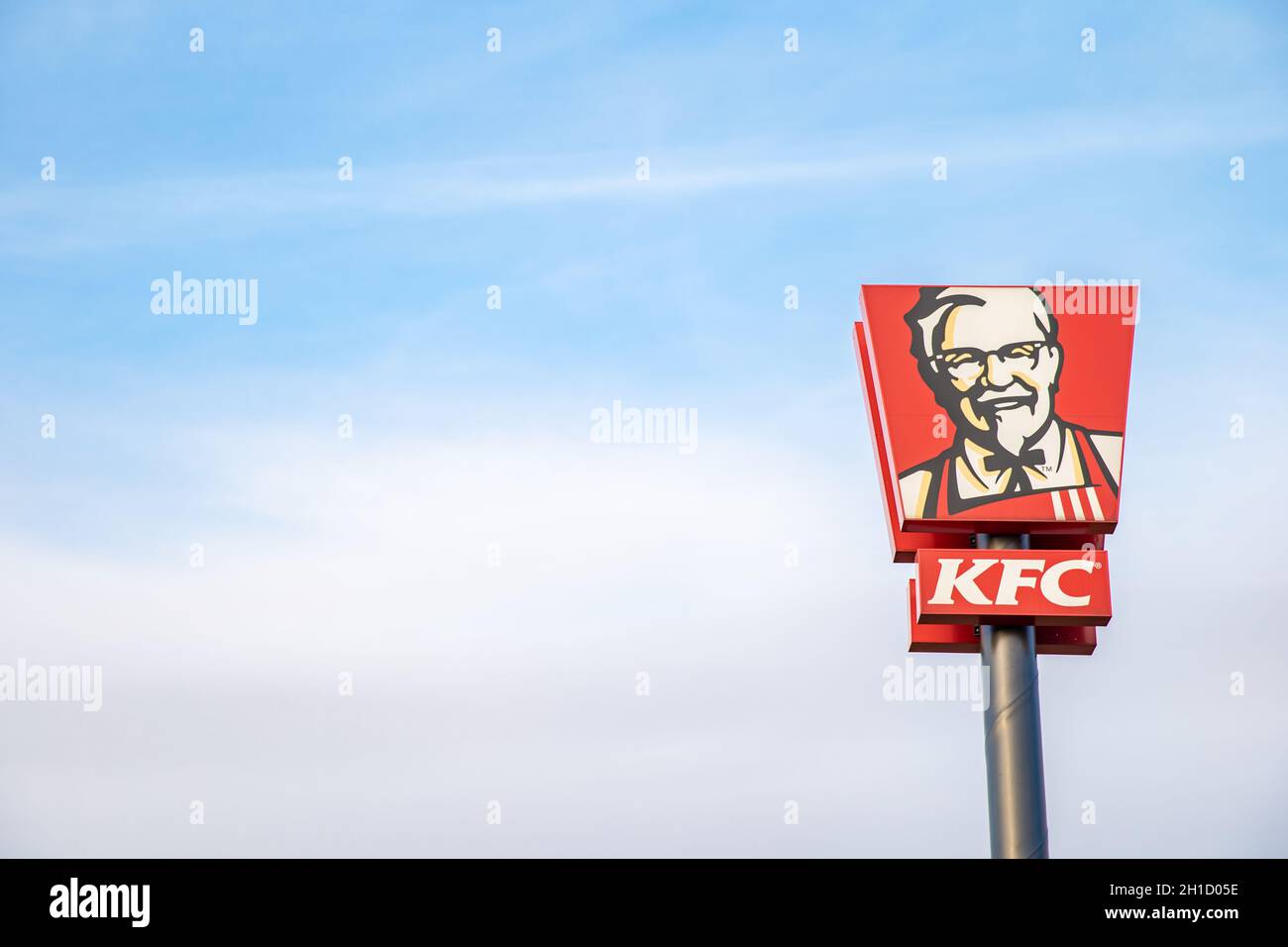Olomouc - February 13, 2020: KFC logo in the advertising shields along ...