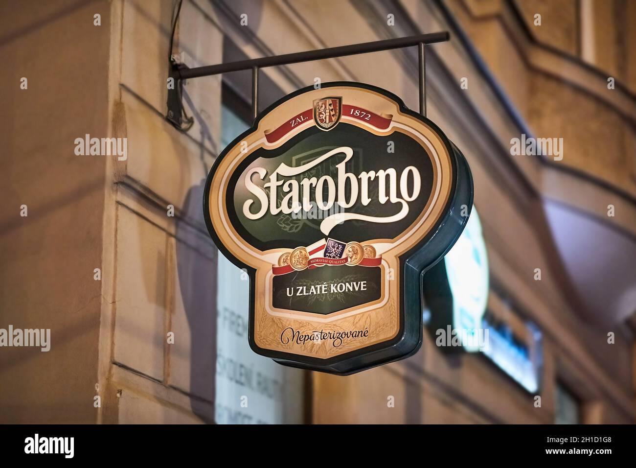 BRNO, CZECH REPUBLIC - April 14, 2018: Starobrno brewery sign on a pub ...