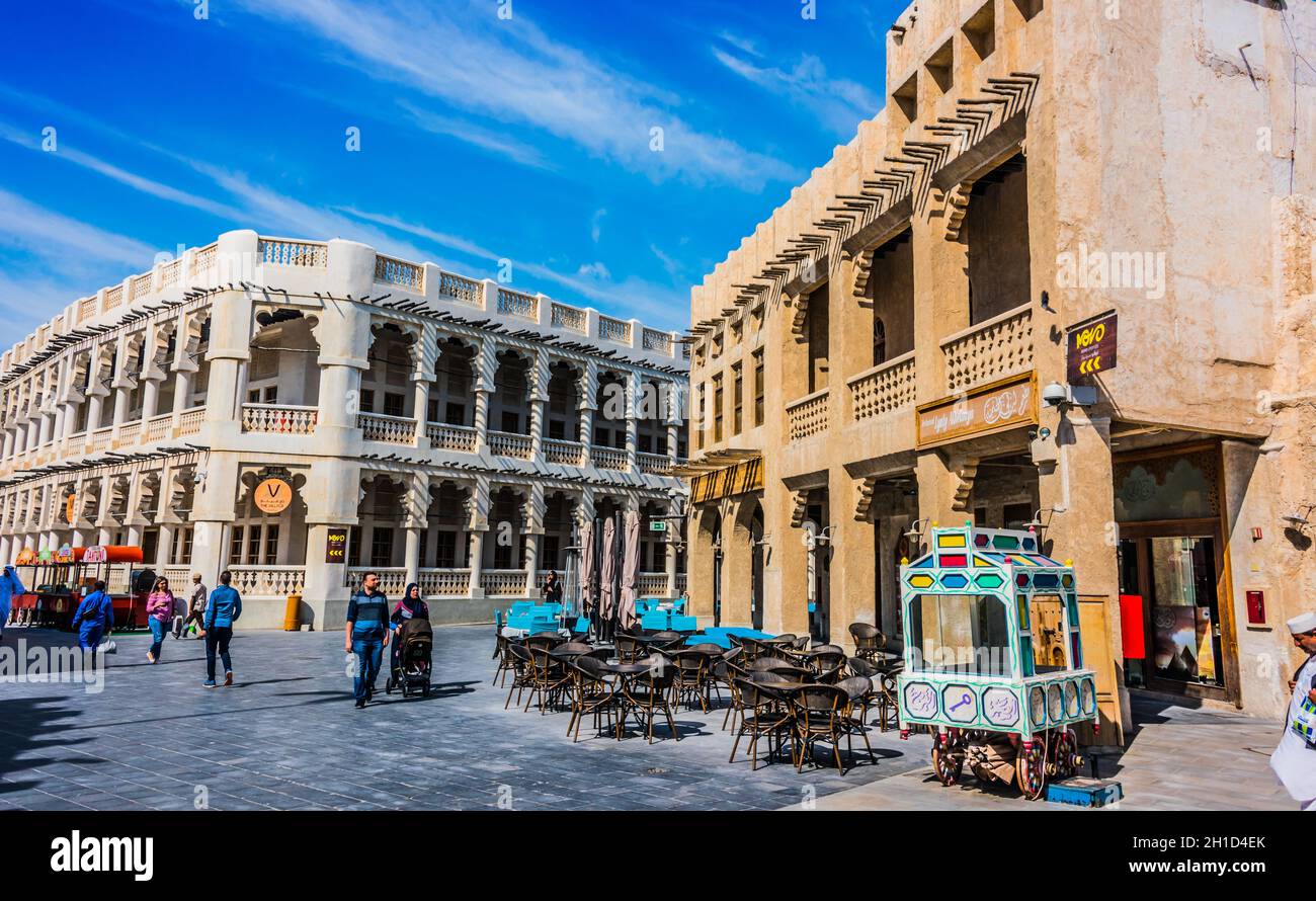 DOHA, QATAR - FEB 27, 2020: Traditional architecture of Souq Waqif ...