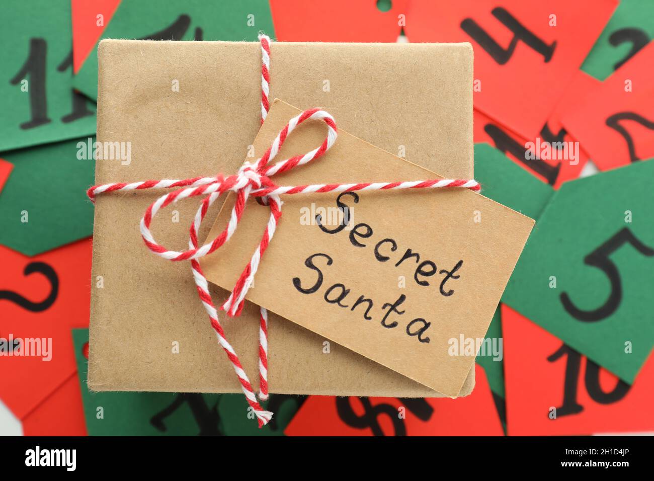 Secret Santa gift box, top view and closeup Stock Photo - Alamy