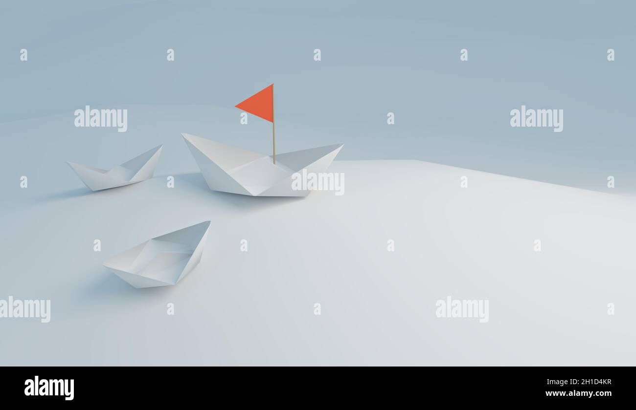 white leader boat with red flag take a leader action in team, 3d ...