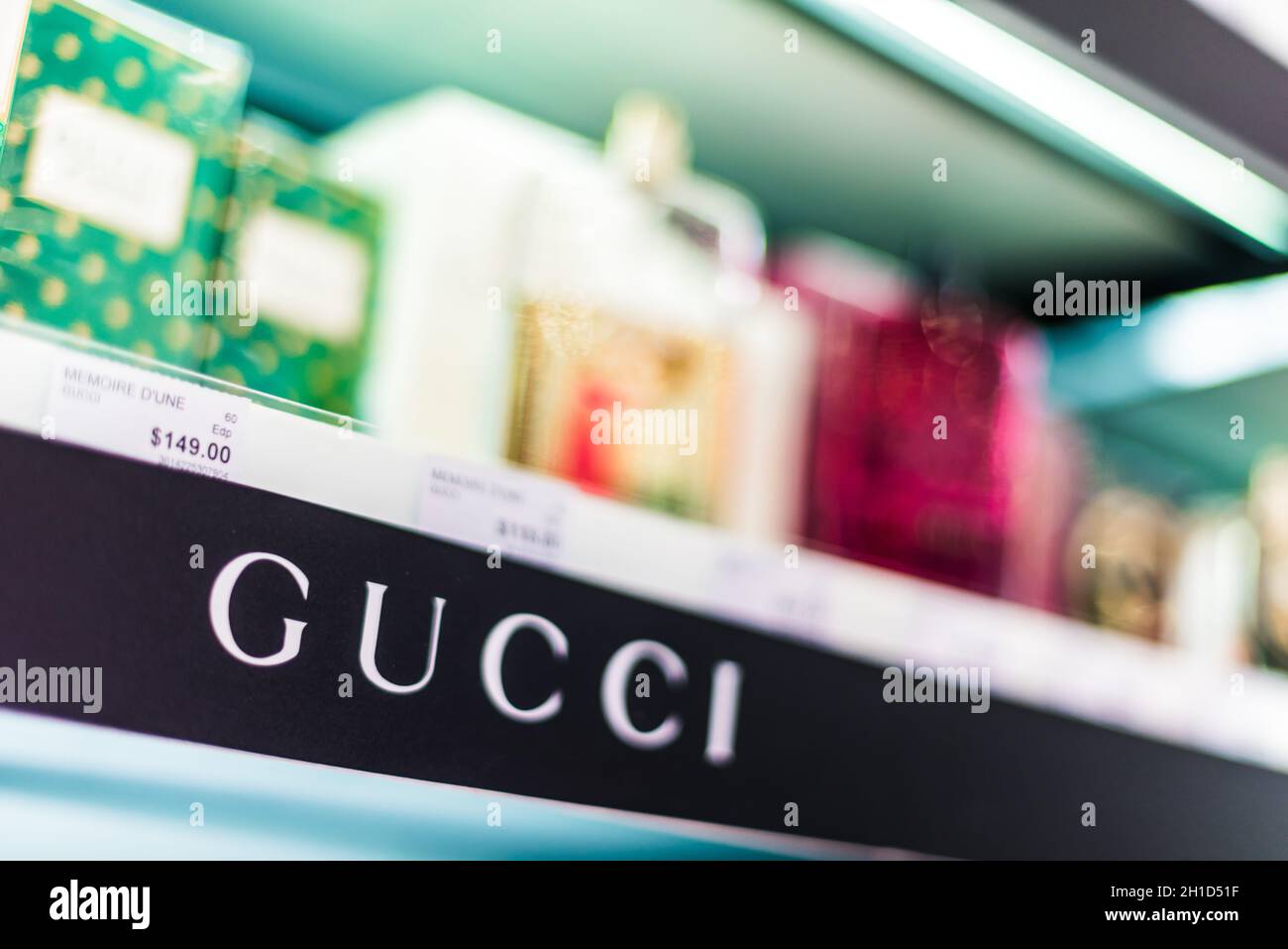 SINGAPORE - MAR 5, 2020: Bottles of perfume by Gucci on a store shelf ...