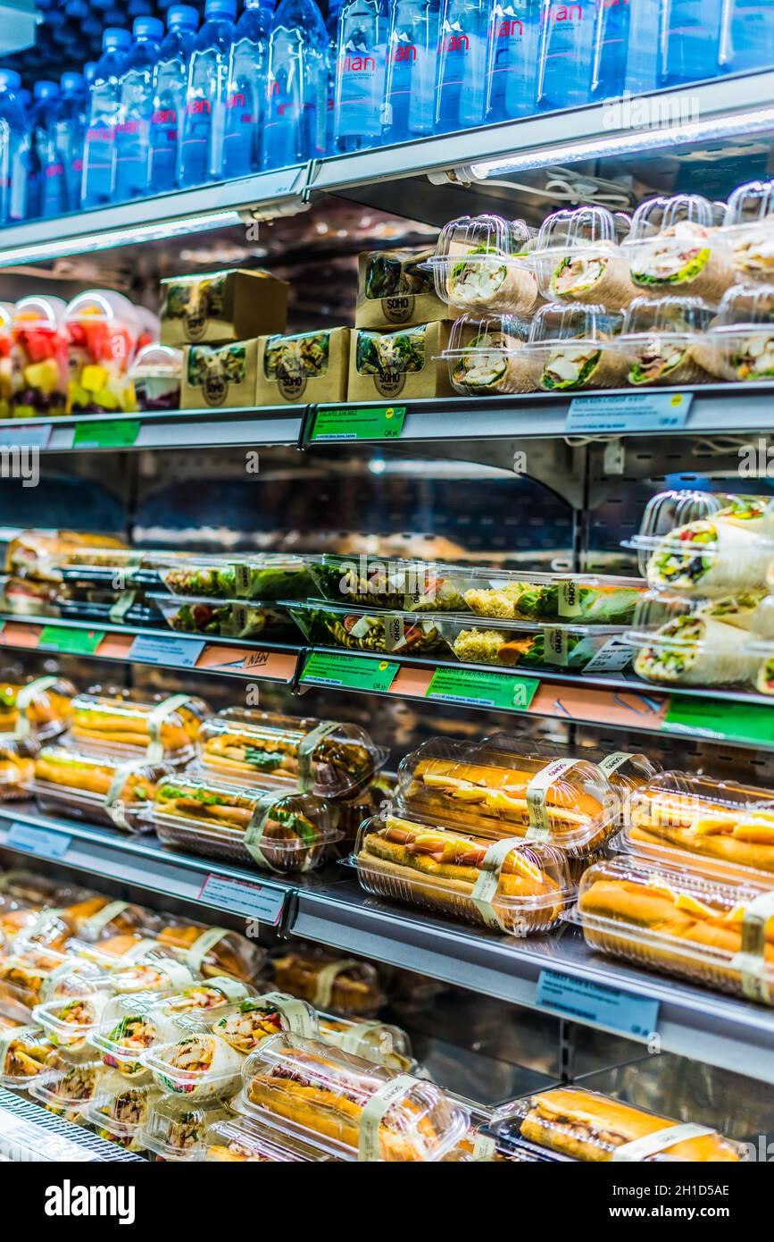 DOHA, QATAR - FEB 28, 2020: Pre-packaged sandwiches, salads and drinks ...