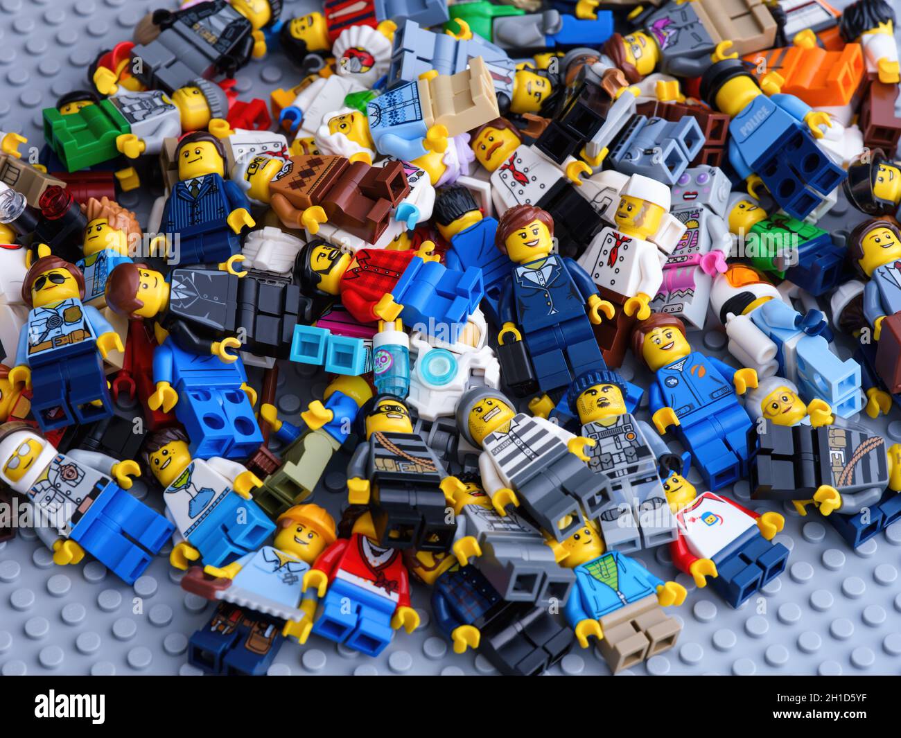 Tambov, Russian Federation - July 16, 2021 Heap of Lego minifigures on ...