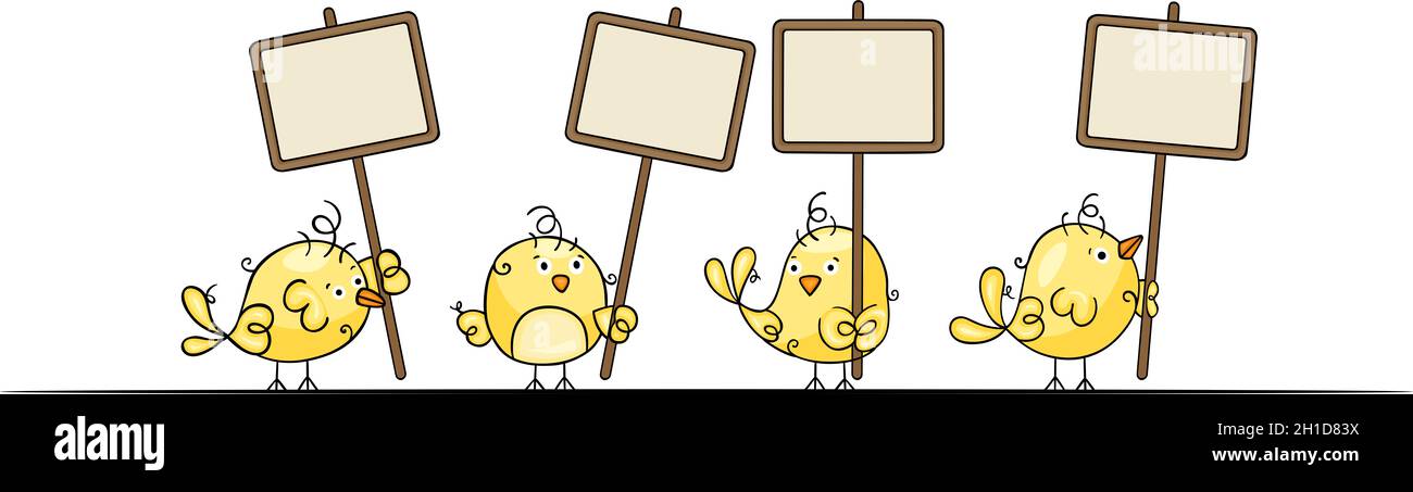 Four cute yellow birds with blank sign boards Stock Photo - Alamy