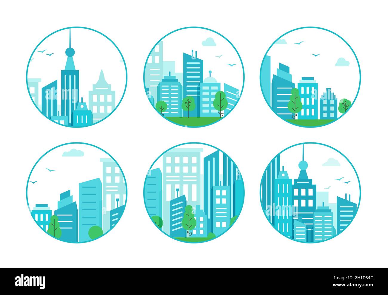Set of round icons with blue city. Urban landscape with houses in ...