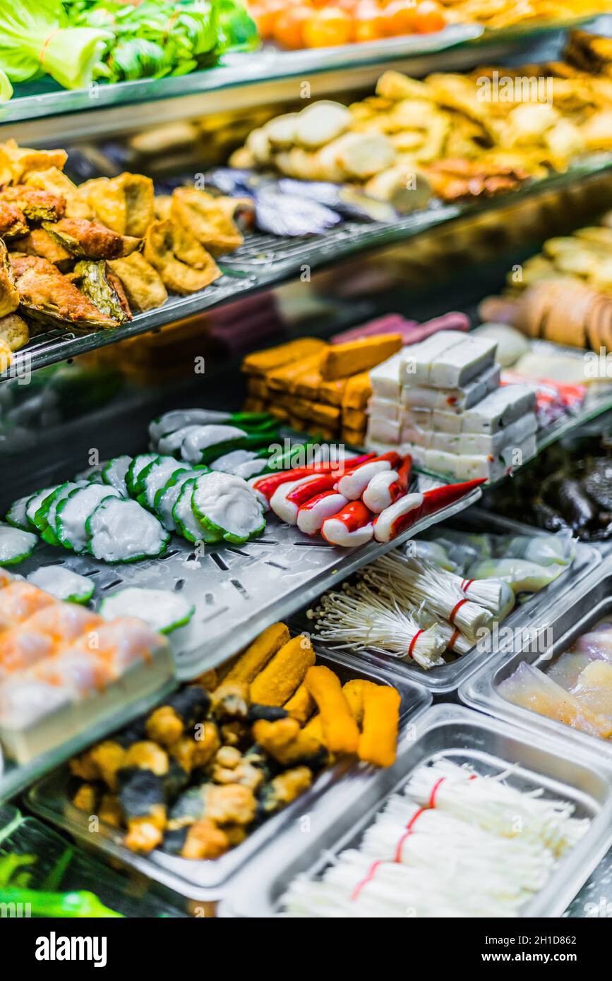 Traditional Asian food ingredients and dishes sold in a singapore ...