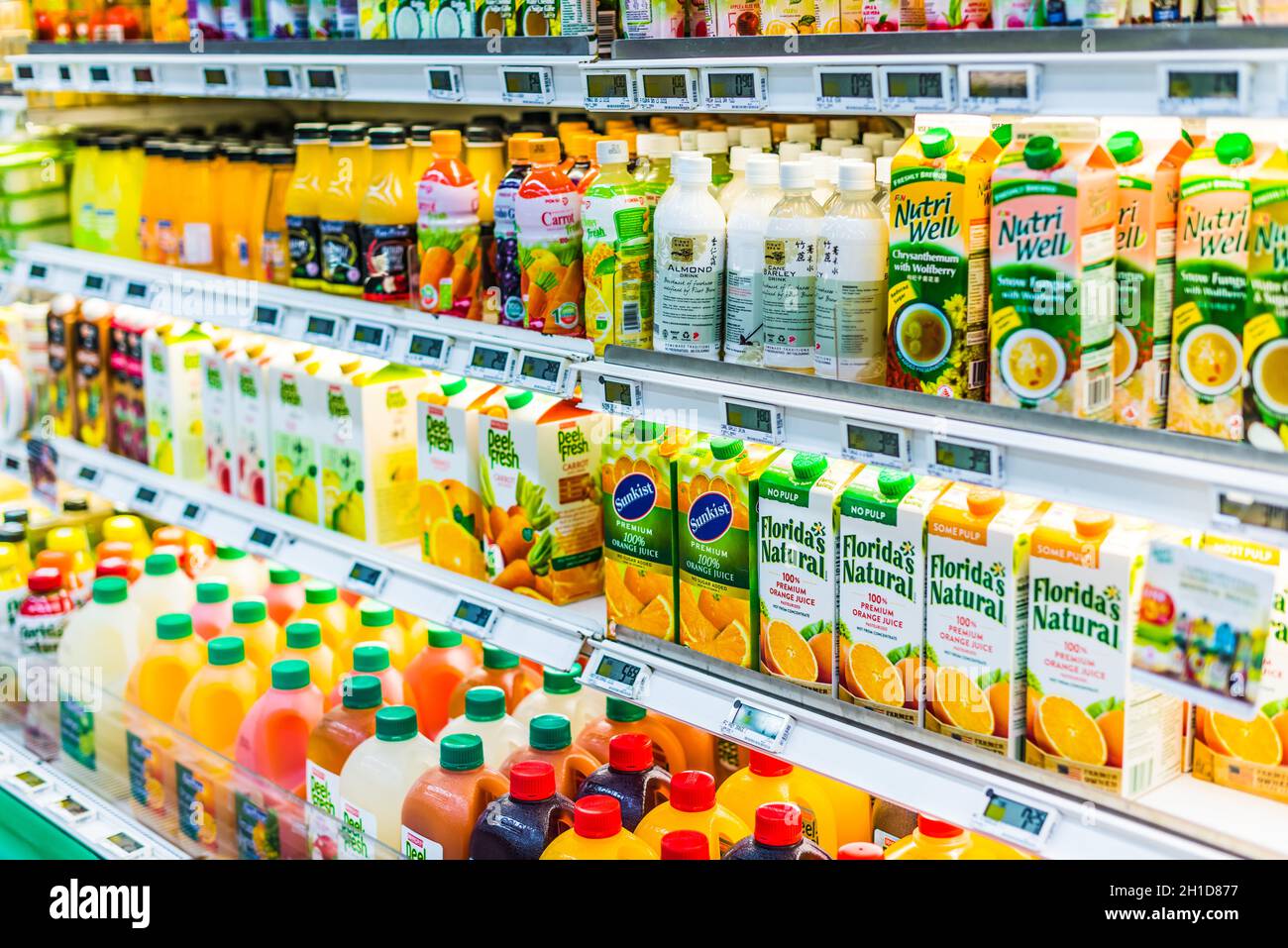 SINGAPORE - MAR 3, 2020: Juice boxes and cold drinks put up for sale in ...