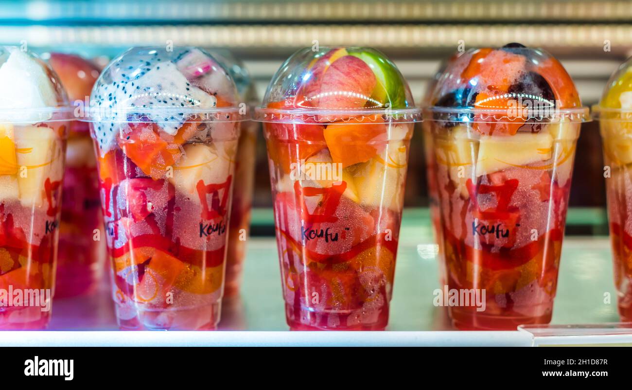 SINGAPORE - MAR 3, 2020: Pre-packaged fruits put up for sale in a ...
