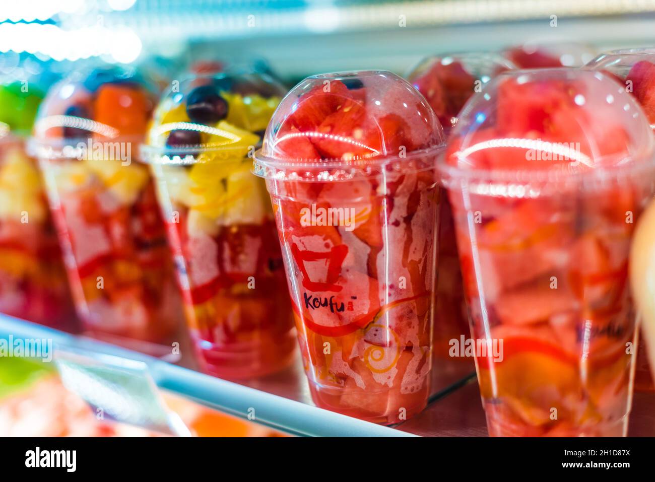 SINGAPORE - MAR 3, 2020: Pre-packaged fruits put up for sale in a ...