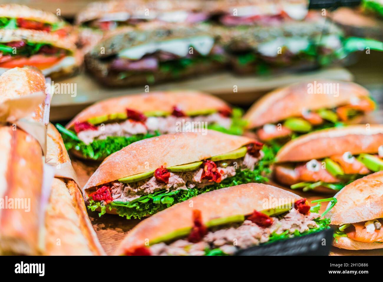 Freshly prepared sandwiches sold in fast food restaurant Stock Photo ...