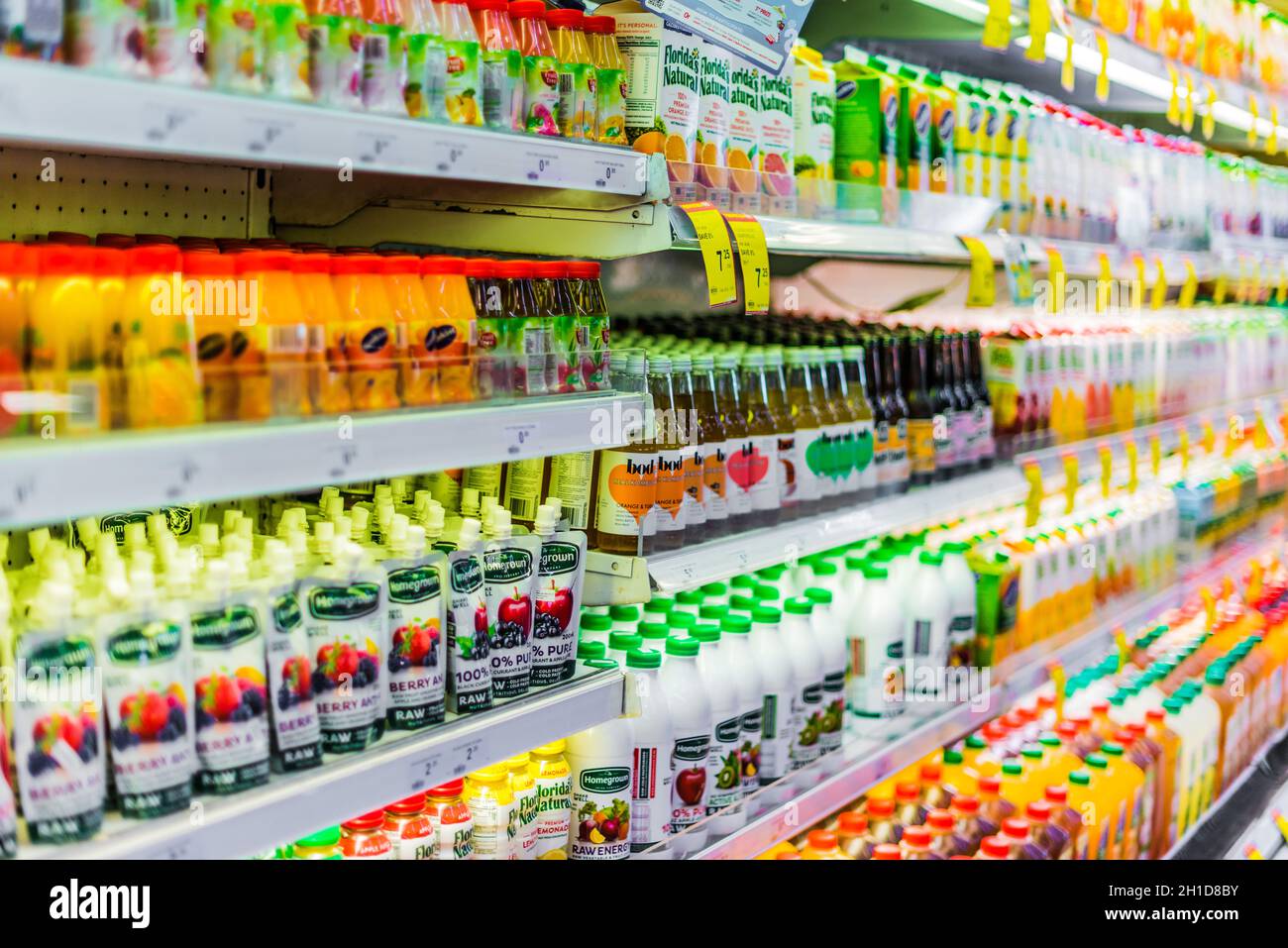 SINGAPORE - MAR 3, 2020: Juice boxes and cold drinks put up for sale in ...