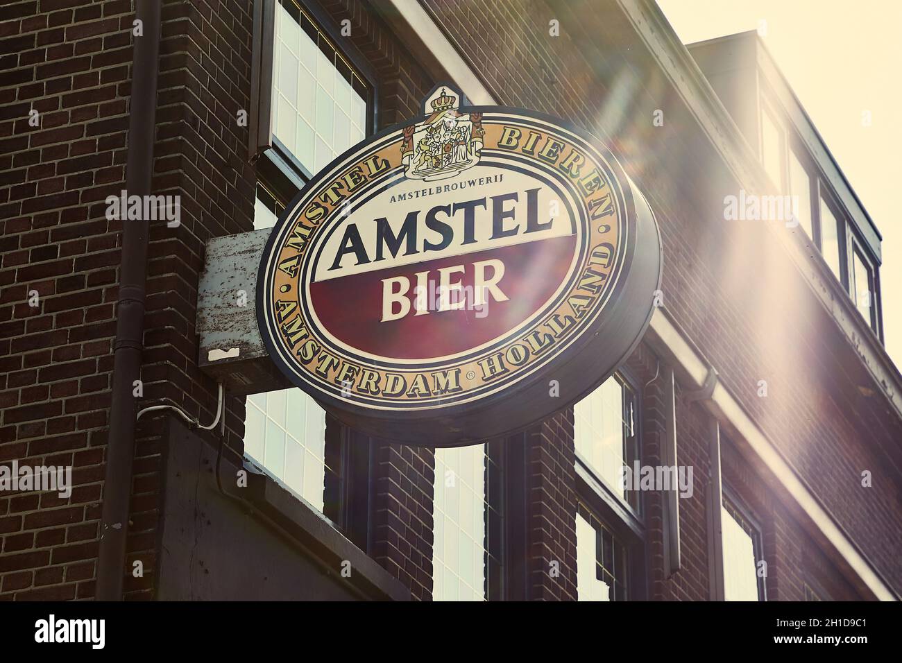 ROTTERDAM, THE NETHERLANDS - CIRCA 2019: Amstel beer sign on a pub with ...