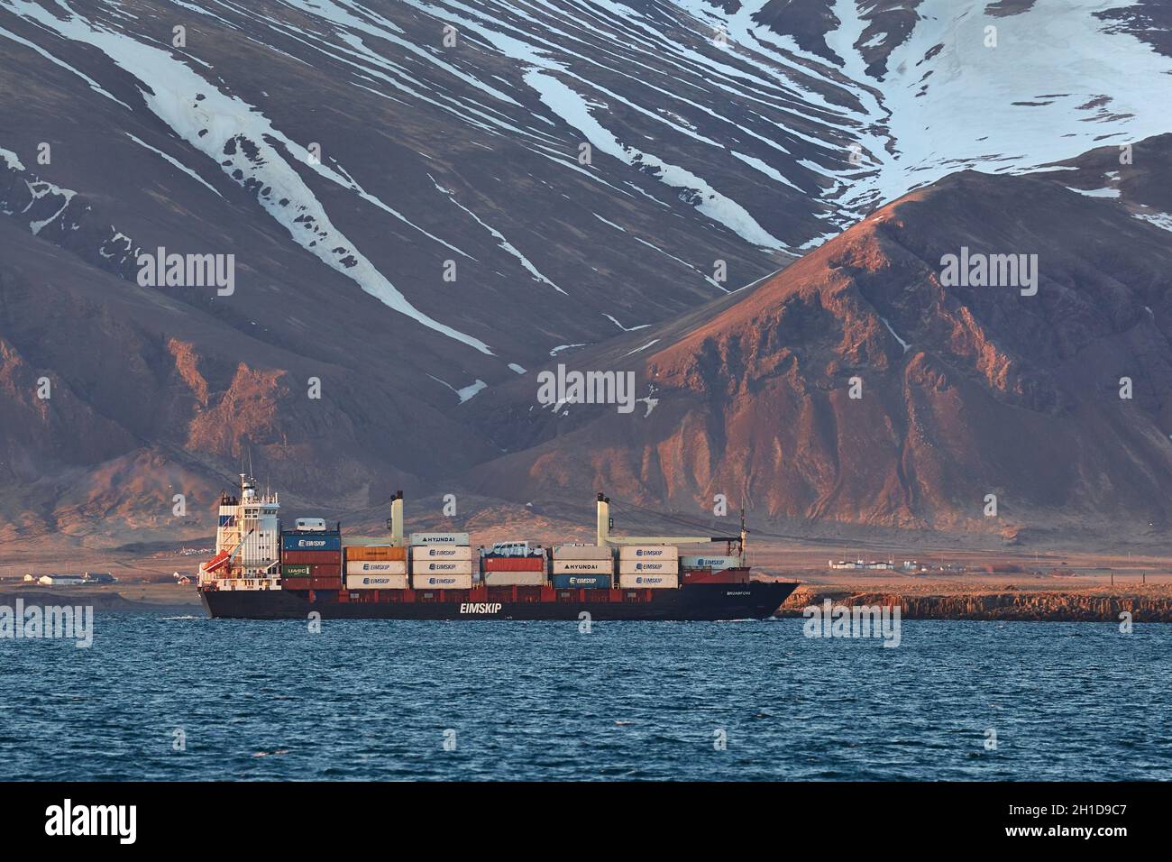 REYKJAVIK, ICELAND - MAY 03, 2015: Container ship arriving in front of ...