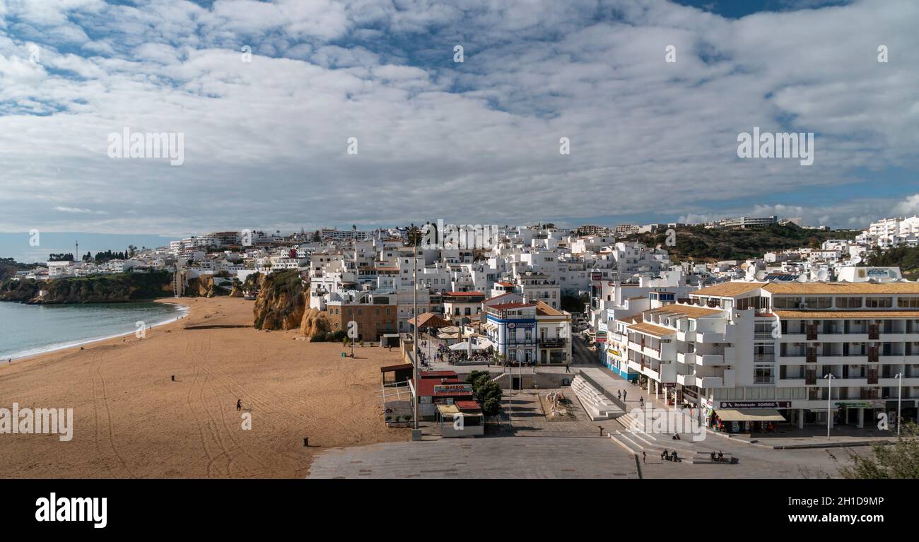 View of the beach and old town in Albufeira, Algarve, Portugal Stock ...