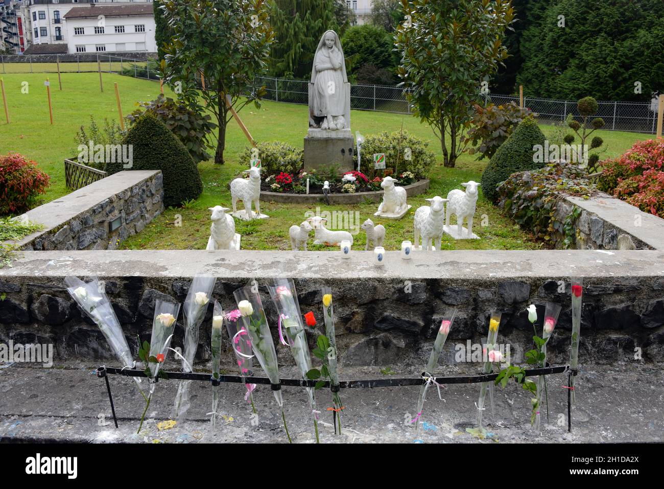 Lourde, France - 9 Oct 2021: Flowers and offerings to the Virgin Mary ...