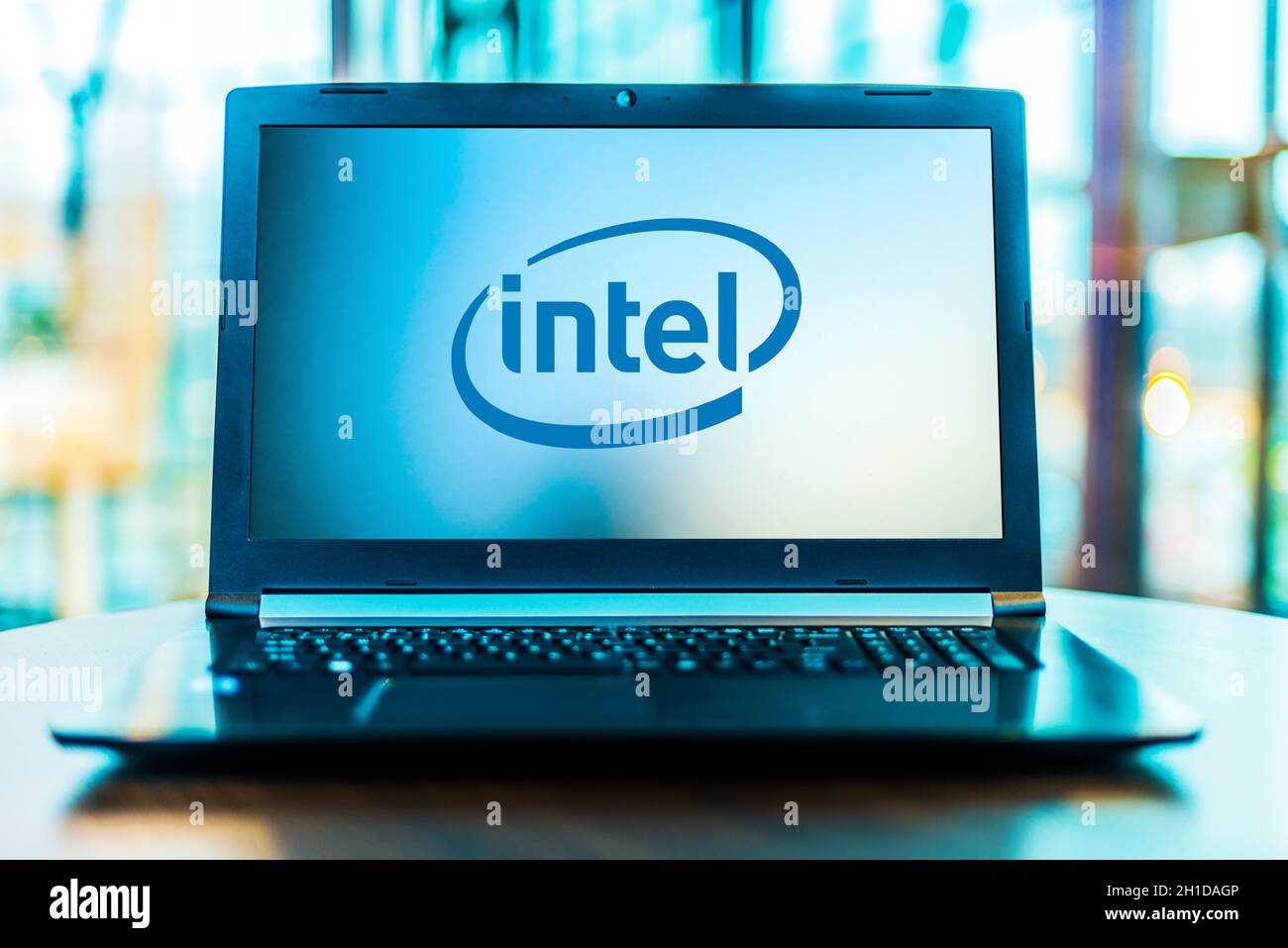 POZNAN, POL - MAR 24, 2020: Laptop computer displaying logo of Intel ...