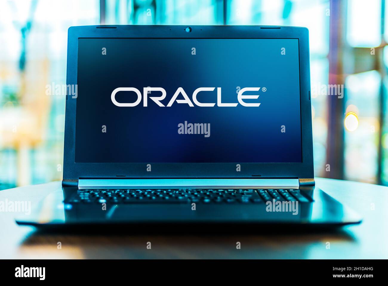 POZNAN, POL - MAR 24, 2020: Laptop computer displaying logo of Oracle ...