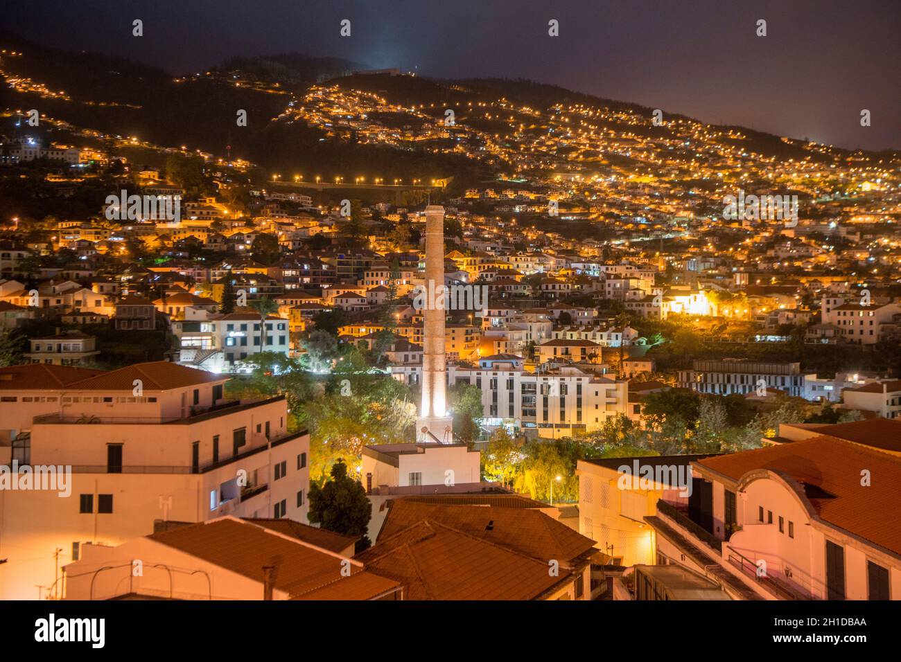 the city centre of Funchal at night on the Island Madeira of Portugal ...