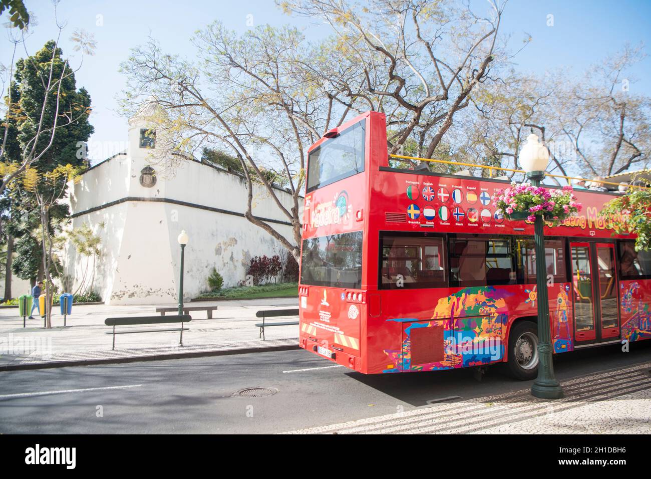 a tour bus in the city centre of Funchal on the Island Madeira of ...