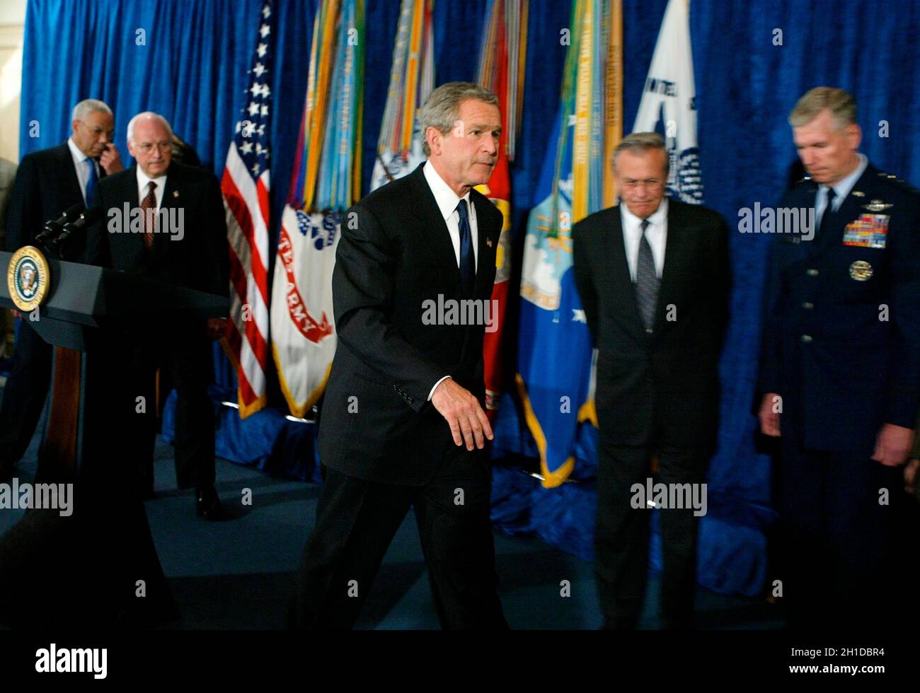 United States President George W Bush Center Leaves The Lectern
