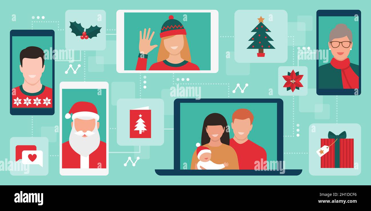 Happy people connecting online on their devices and celebrating ...