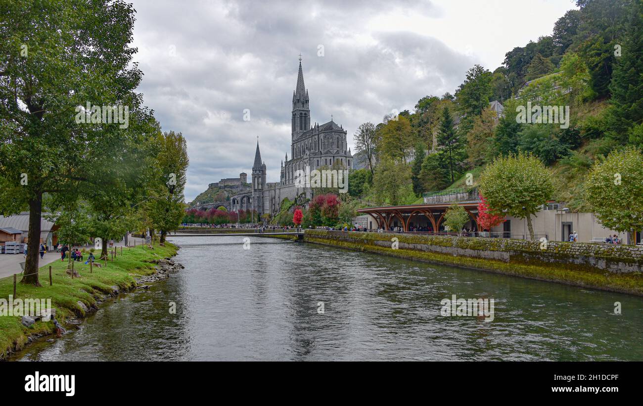 Lourdes, France - 9 Oct 2021: Views of the Rosary Basilica Church from ...