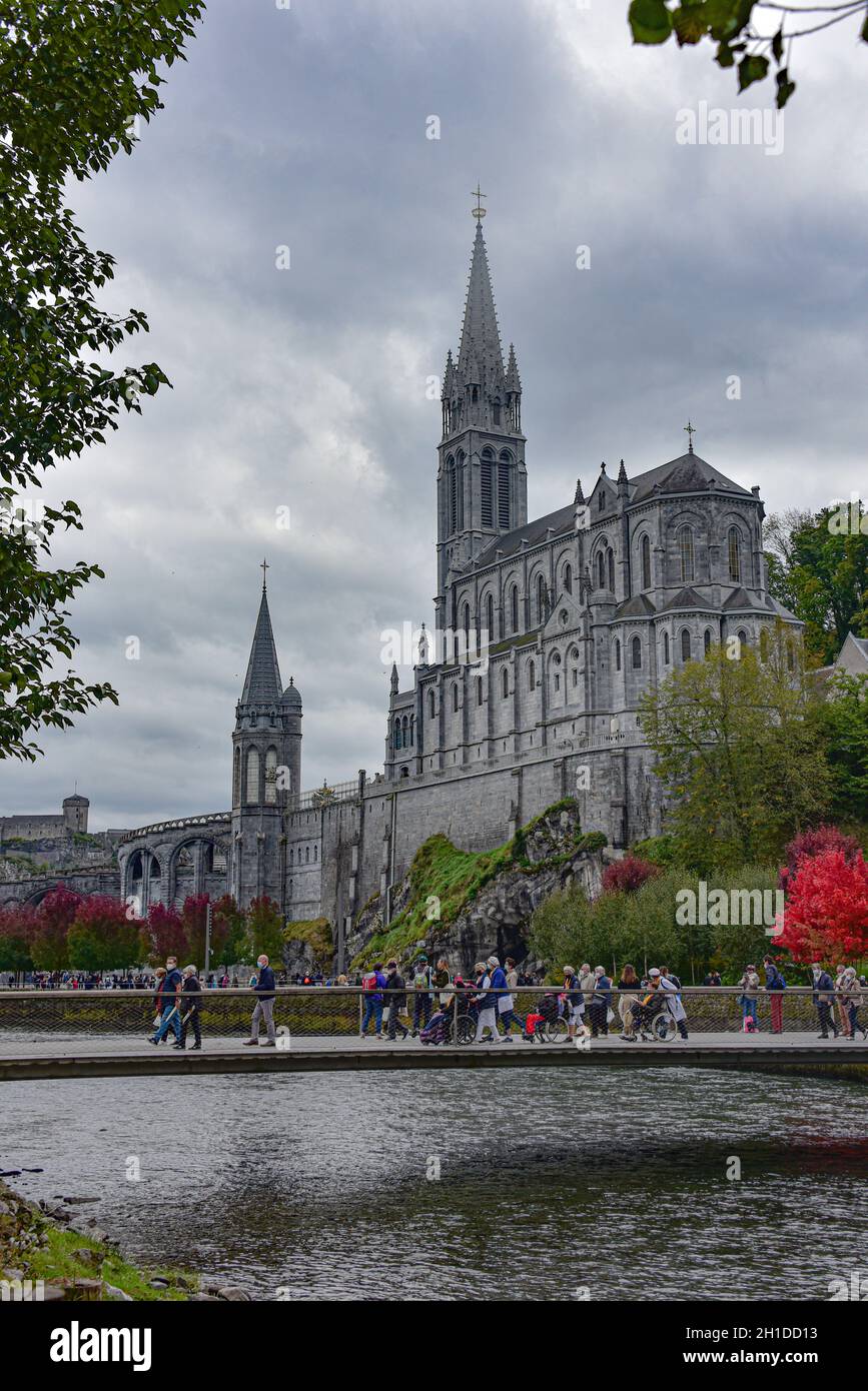 Lourdes, France - 9 Oct 2021: Views of the Rosary Basilica Church from ...