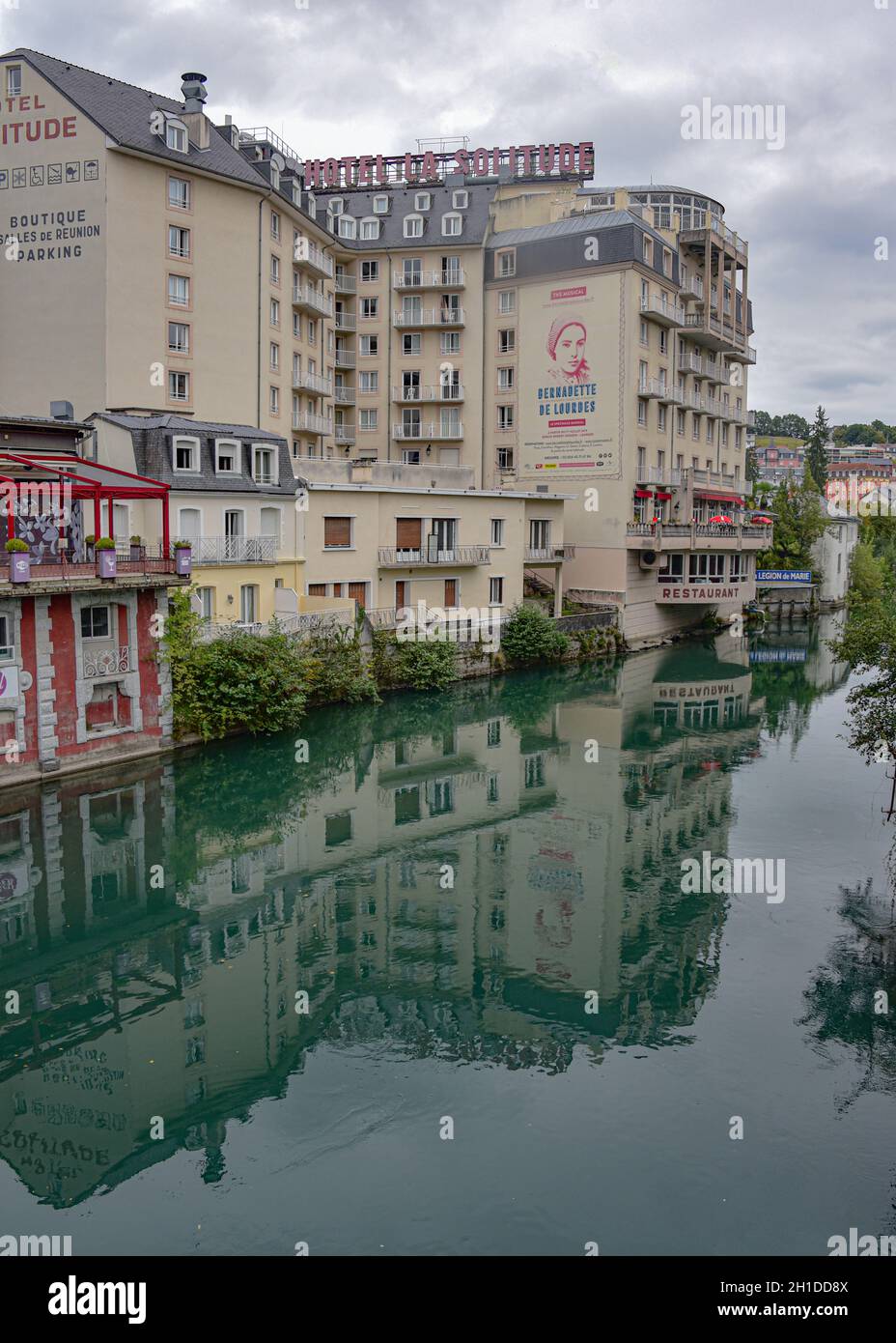 Lourdes, France - 9 Oct 2021: Scenic views along the Gave de Pau river ...