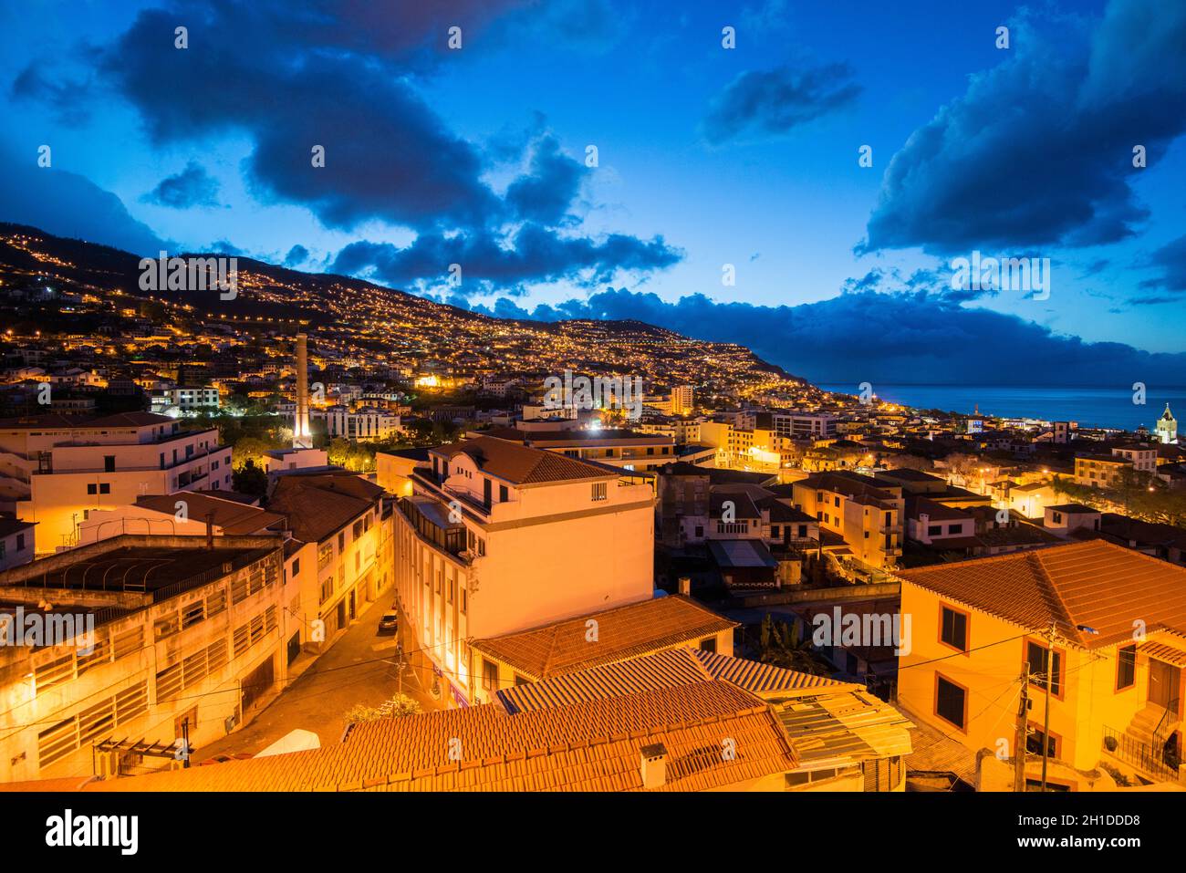 the city centre of Funchal at night on the Island Madeira of Portugal ...