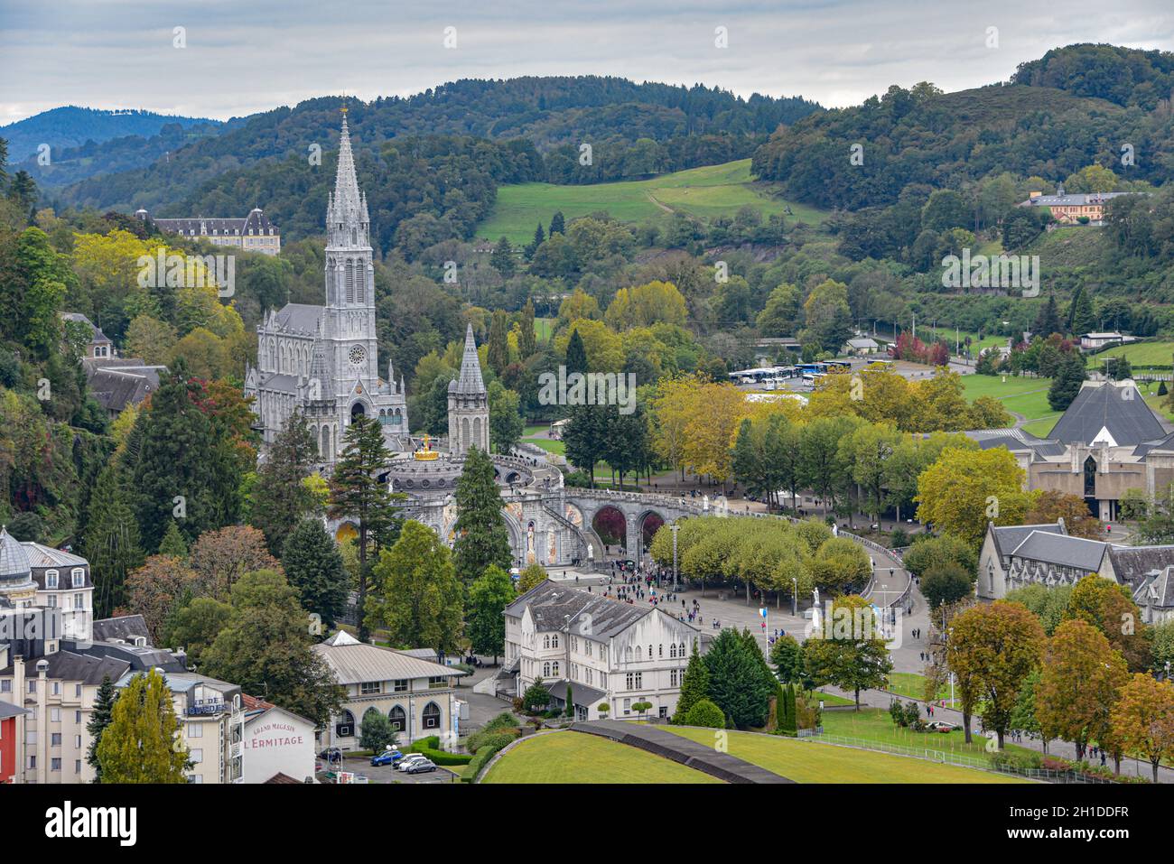 Lourdes, France - 9 Oct 2021: Views of the Rosary Basilica and Gave de ...
