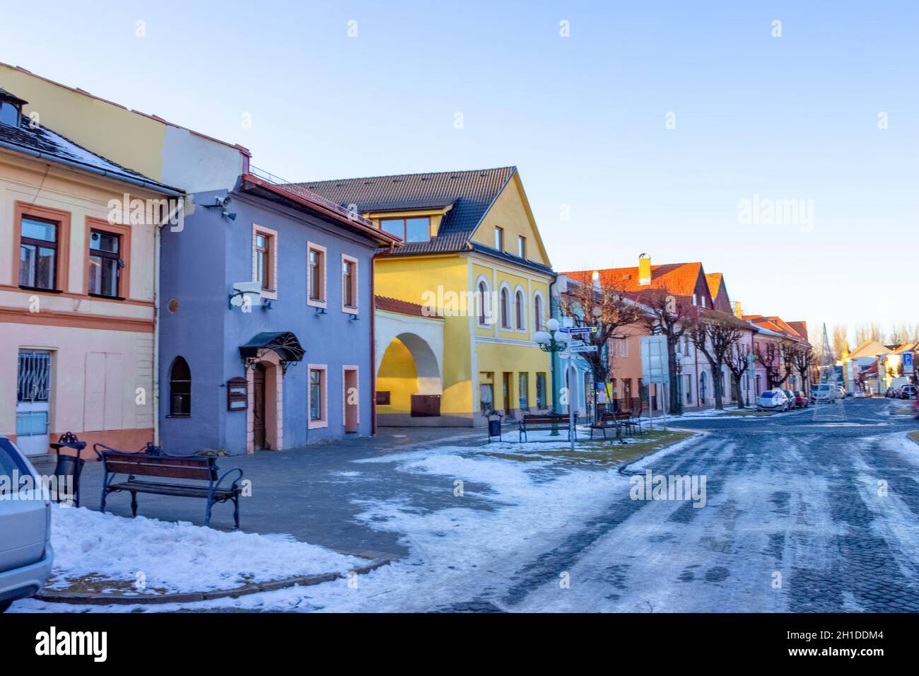 Colourful houses on the Main street of Kezmarok, Slovakia, a small town ...