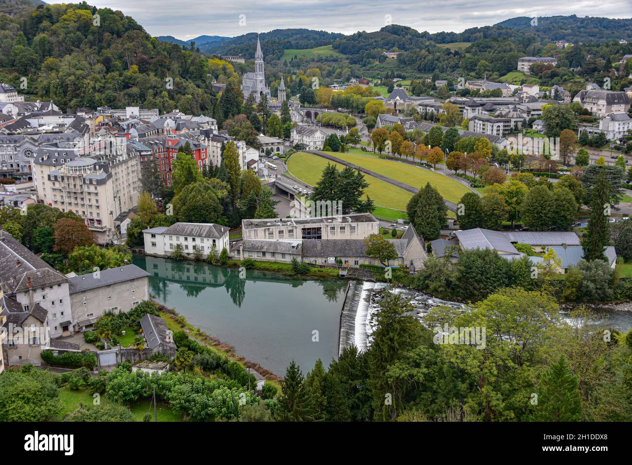 Lourdes, France - 9 Oct 2021: Views of the Rosary Basilica and Gave de ...