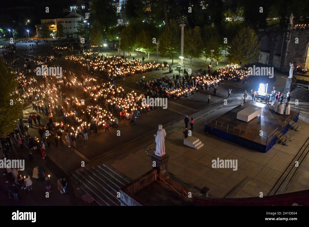Lourdes, France - 9 Oct 2021: Pilgrims attend the Marian Torchlight ...