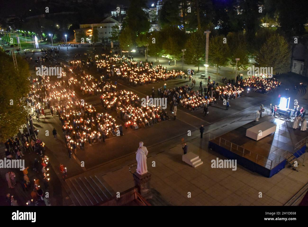 Lourdes, France - 9 Oct 2021: Pilgrims attend the Marian Torchlight ...