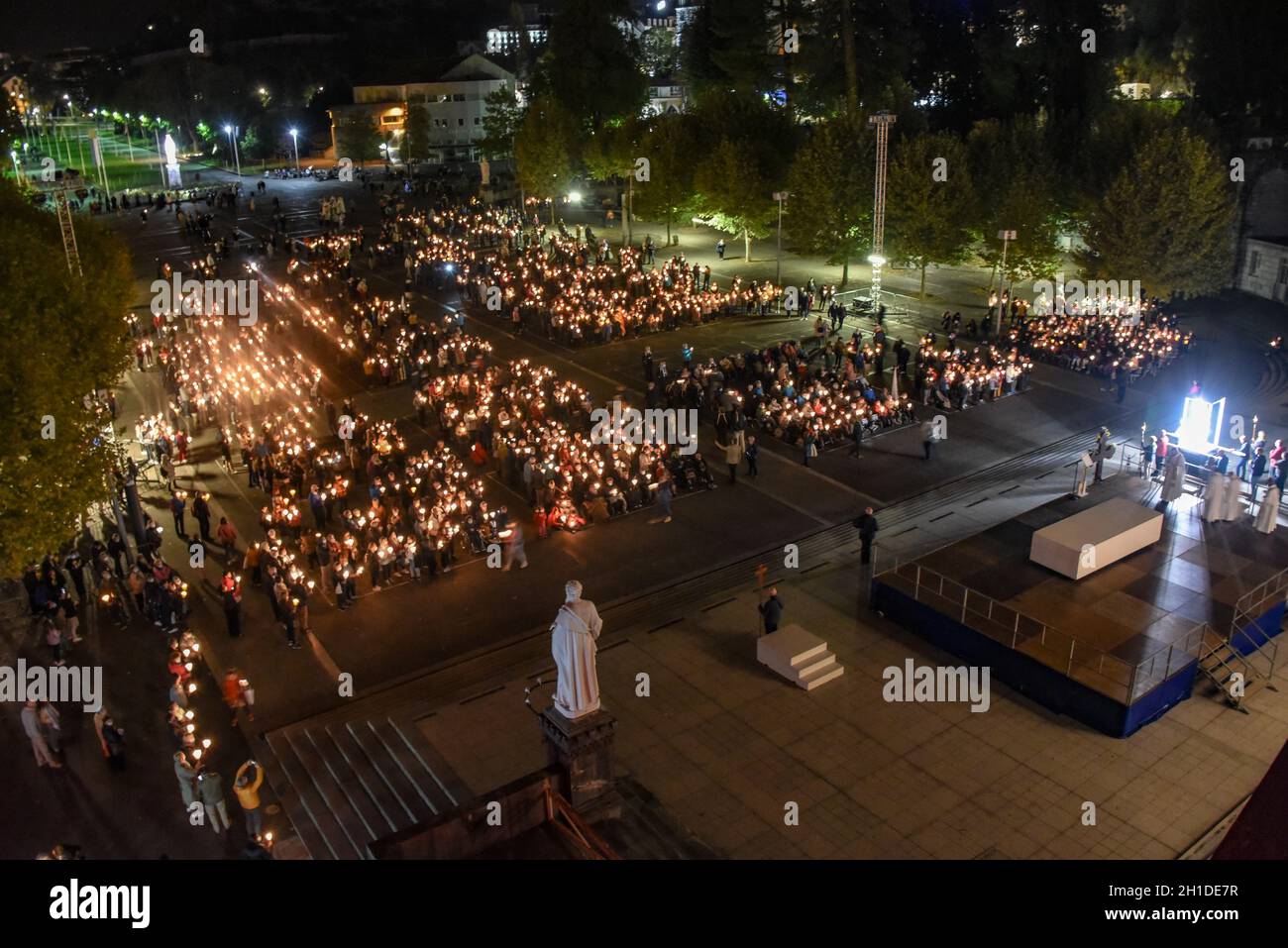 Lourdes, France - 9 Oct 2021: Pilgrims attend the Marian Torchlight ...