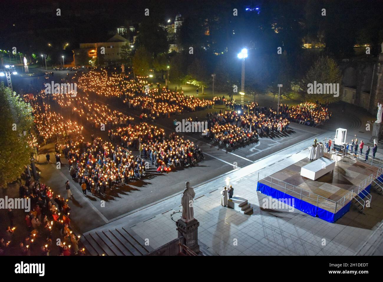 Lourdes, France - 9 Oct 2021: Pilgrims attend the Marian Torchlight ...