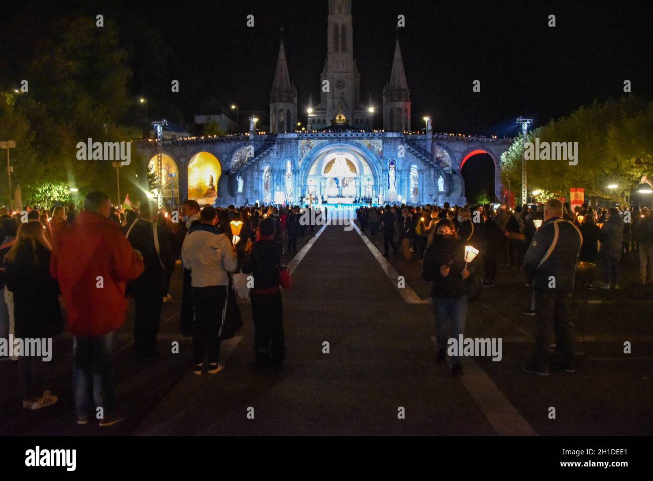 Lourdes, France - 9 Oct 2021: Pilgrims attend the Marian Torchlight ...