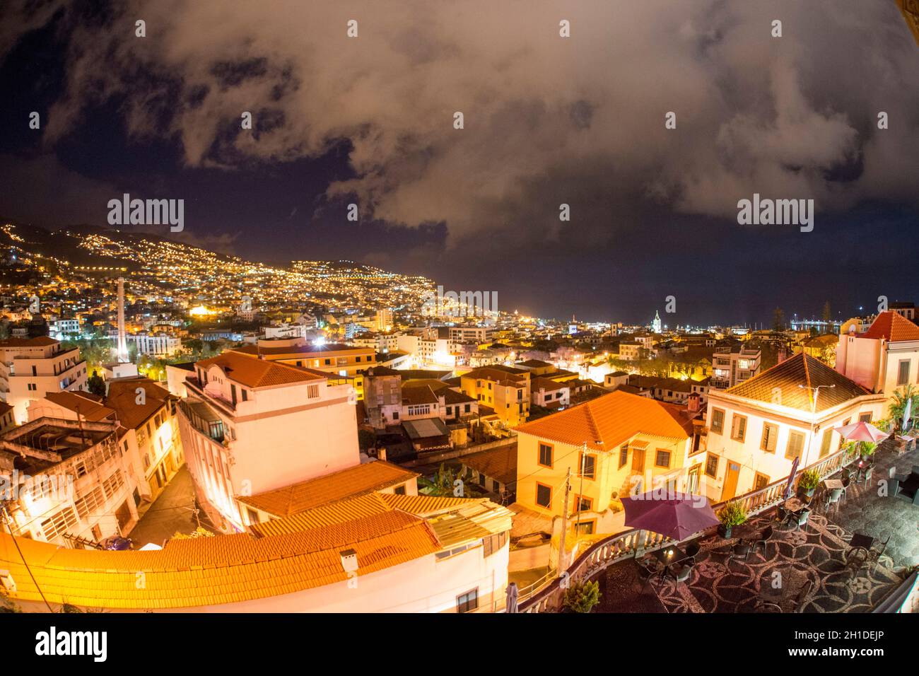 the city centre of Funchal at night on the Island Madeira of Portugal ...