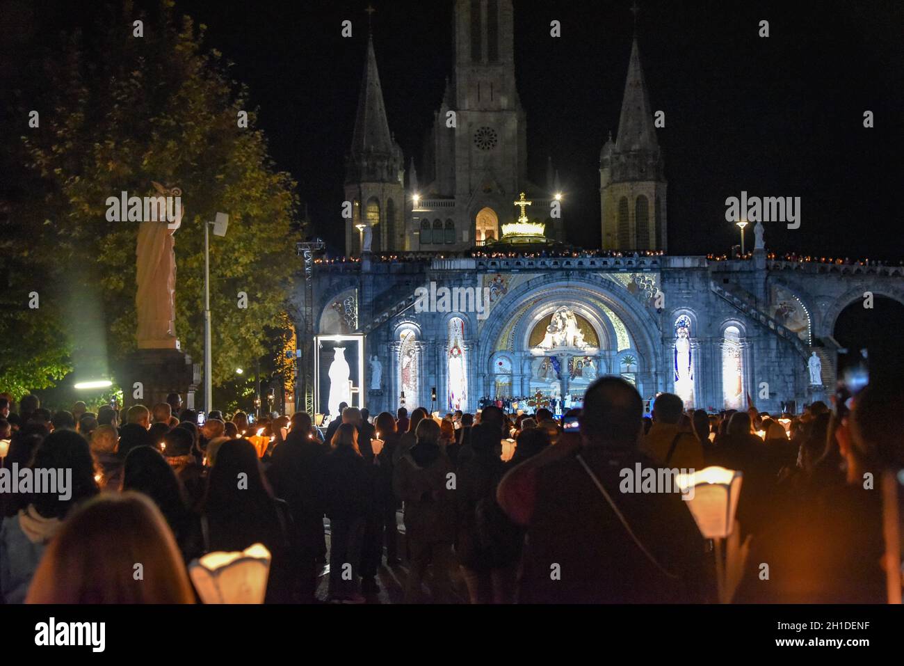 Lourdes, France - 9 Oct 2021: Pilgrims attend the Marian Torchlight ...