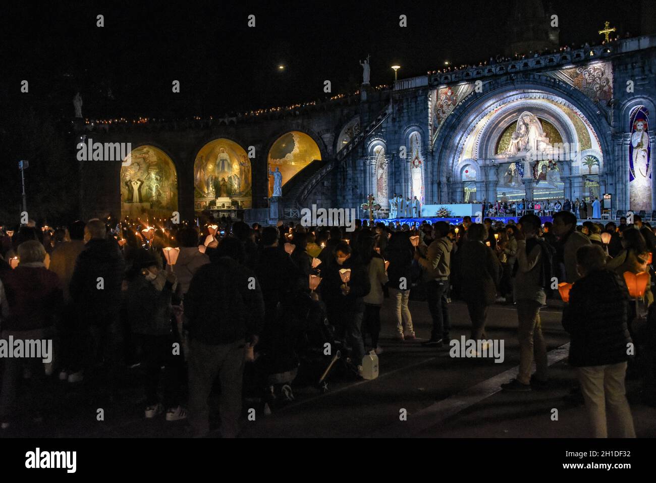 Lourdes, France - 9 Oct 2021: Pilgrims attend the Marian Torchlight ...