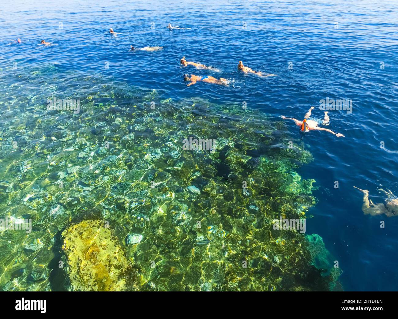 Coral pillars in the Red Sea, Egypt. The people snorkeling in blue ...