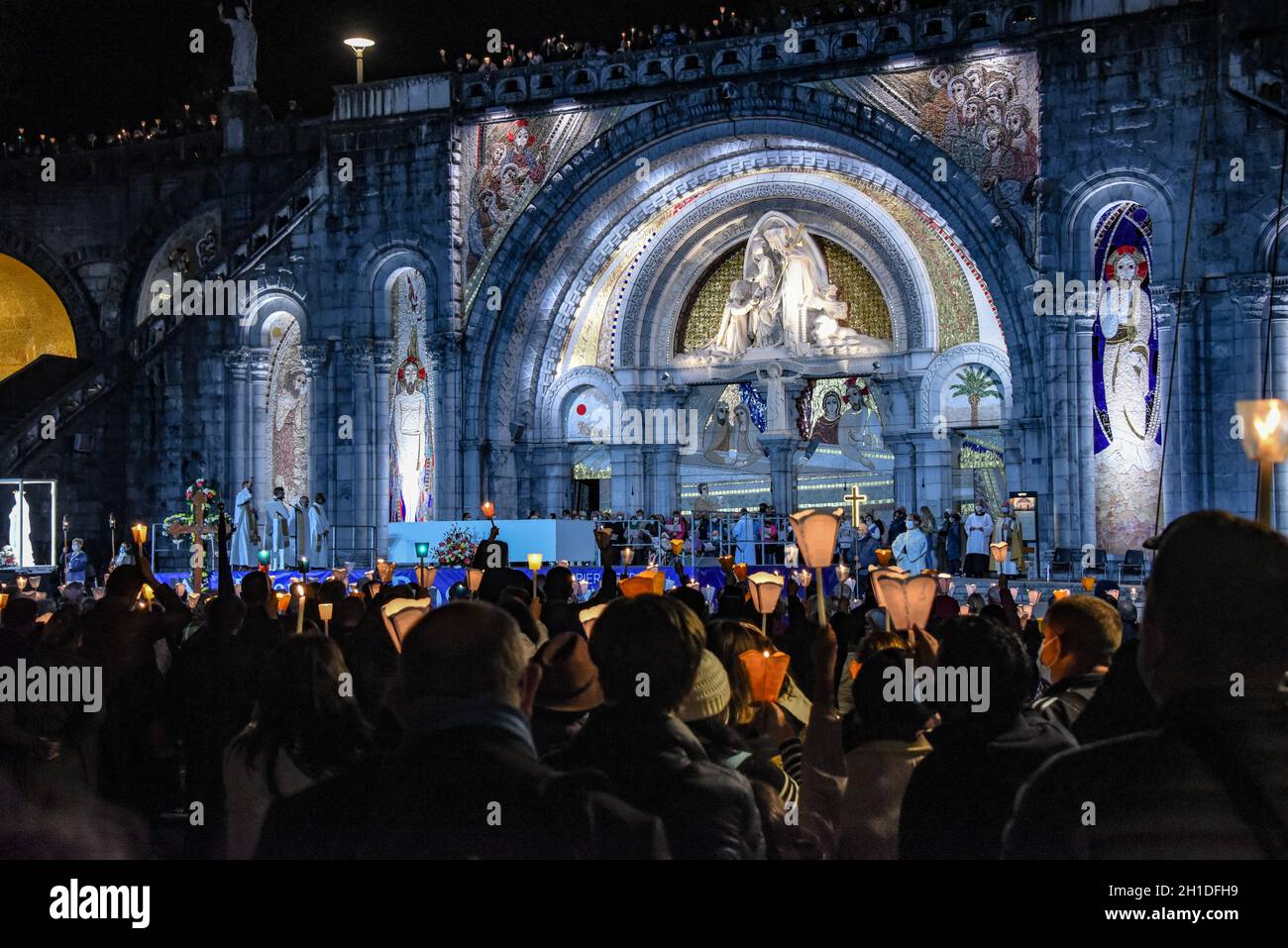 Lourdes, France - 9 Oct 2021: Pilgrims attend the Marian Torchlight ...