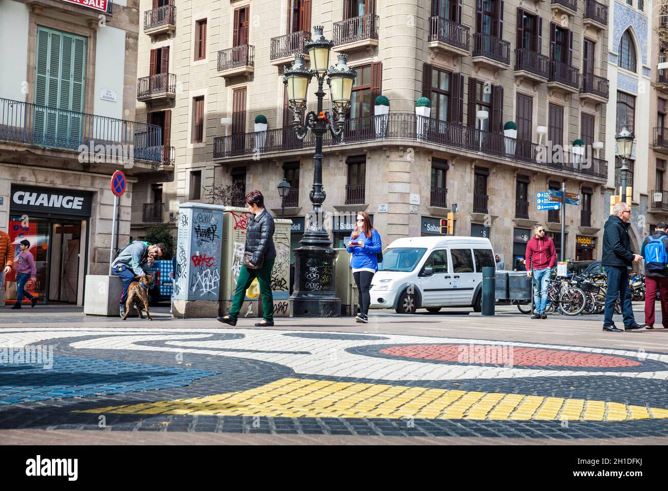 BARCELONA - MARCH, 2018: Pavement mosaic by Joan Miro at La Rambla ...