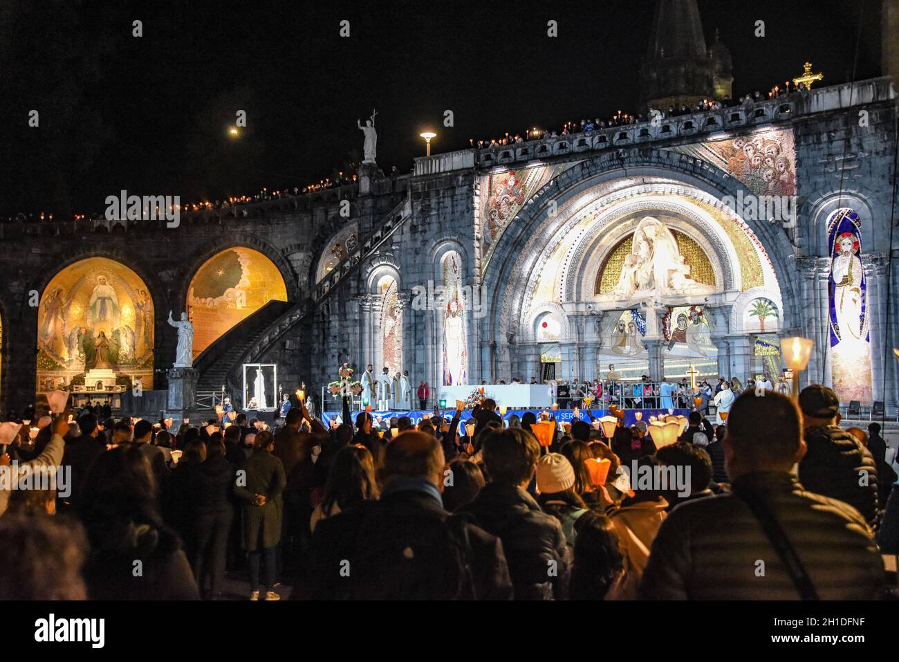 Lourdes, France - 9 Oct 2021: Pilgrims attend the Marian Torchlight ...