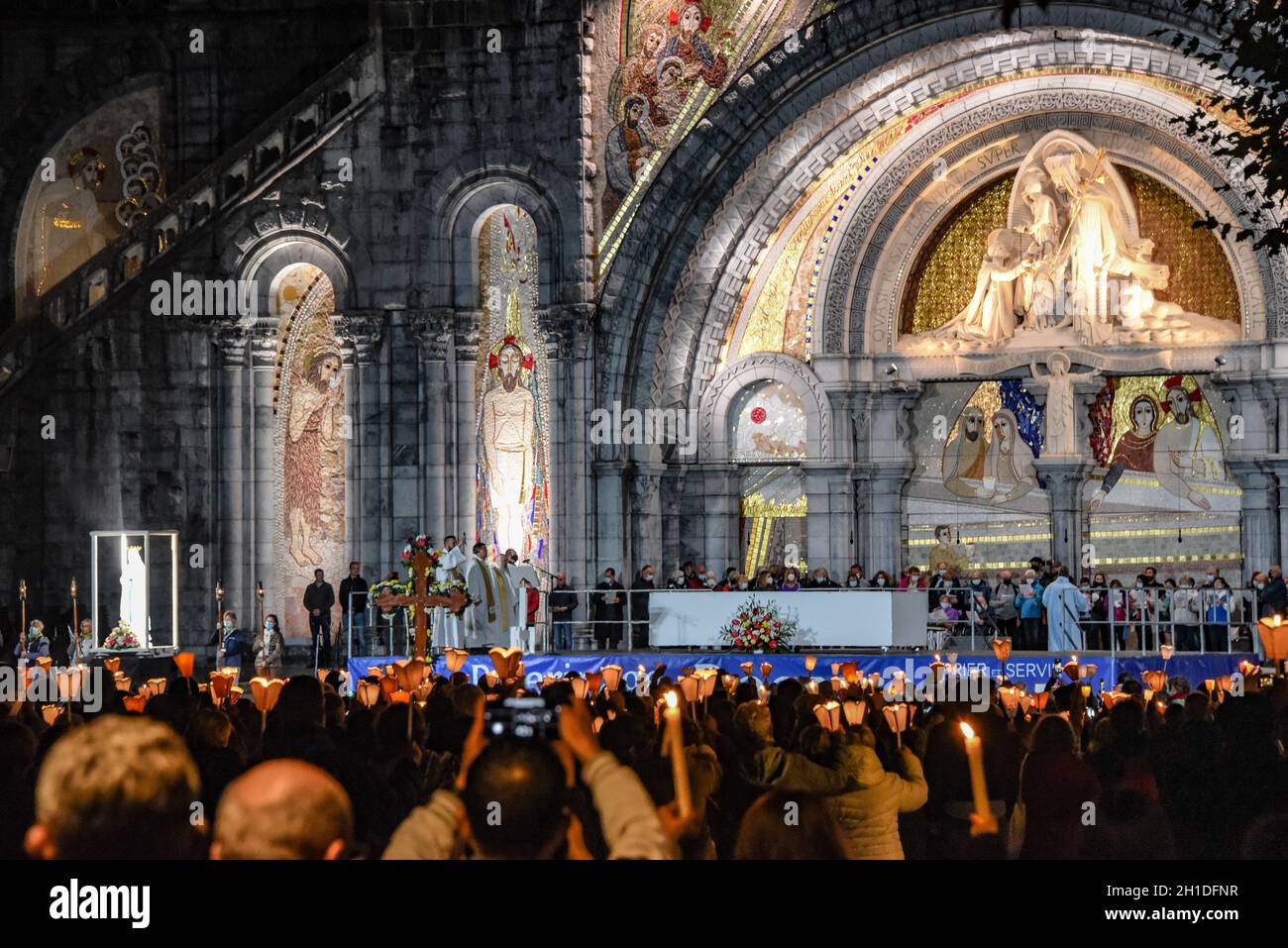 Lourdes, France - 9 Oct 2021: Pilgrims attend the Marian Torchlight ...